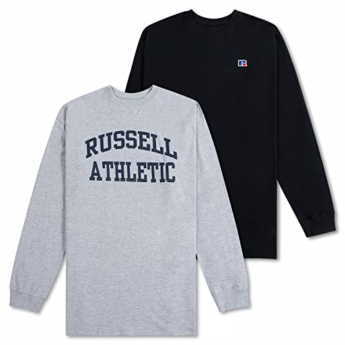 Russell Athletic Big and Tall Long Sleeve T Shirts – 2 Pack Mens Cotton Shirt Black/Heather Grey