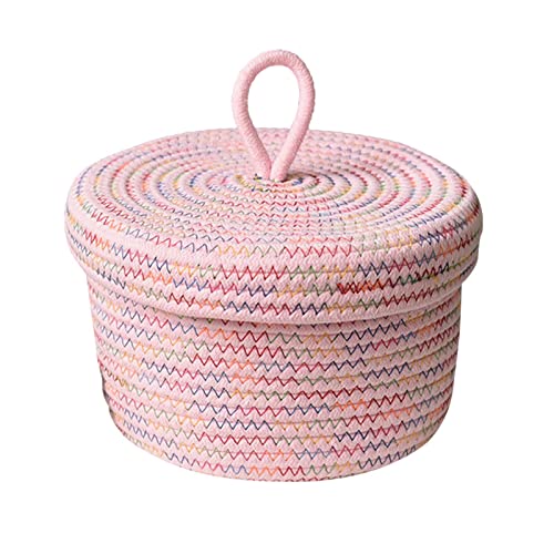 KLKCMS Storage Baskets with Lid, Woven Shelf Baskets for Storage Organizing Clothes Sock Toys Snack Bins for Bedroom Shelf Closet , Pink 18x12cm
