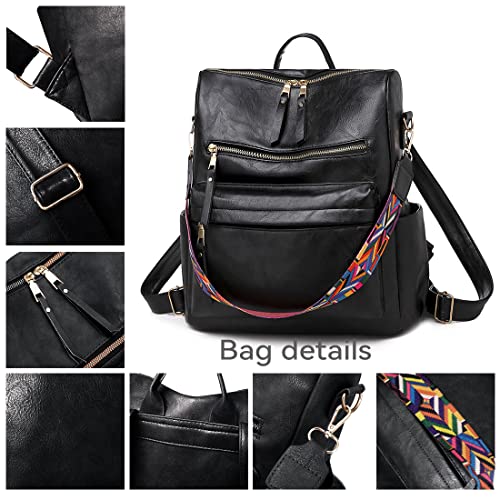 Leather Backpack Purse for Women Large Designer Travel Ladies Satchel Handbag Convertible College Daypack Shoulder Bags (2-black)