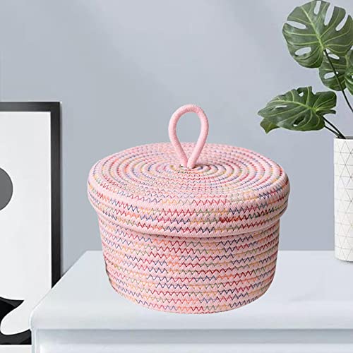 KLKCMS Storage Baskets with Lid, Woven Shelf Baskets for Storage Organizing Clothes Sock Toys Snack Bins for Bedroom Shelf Closet , Pink 18x12cm