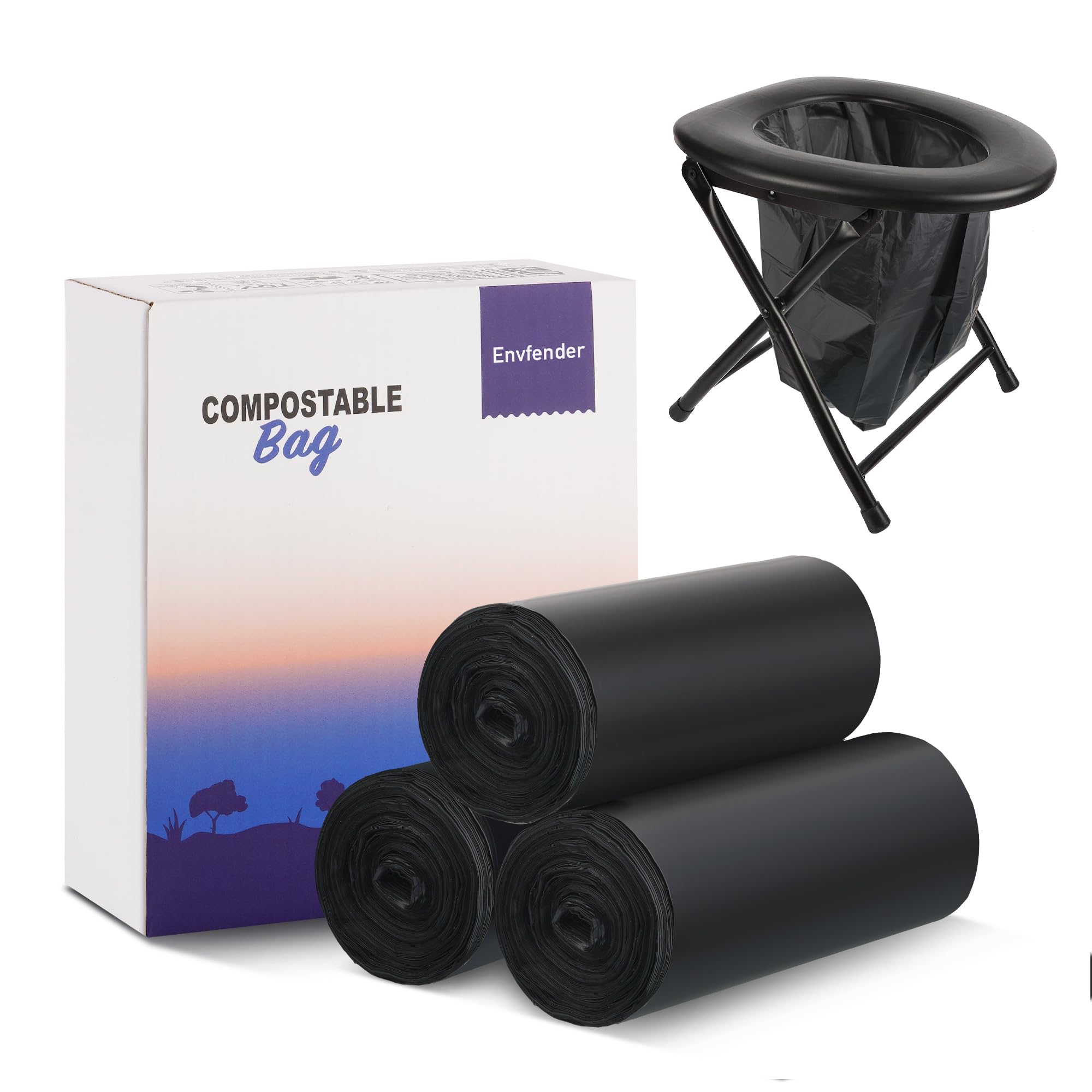 Envfender 5 Gallon Compostable Toilet Bags 100% Compost Toilet Liners Extra Thick 0.86 Mils Toilet Replacement Bags for Bathroom Camping Travel Outdoors ASTM D6400 BPI Certified 45 Couts Black