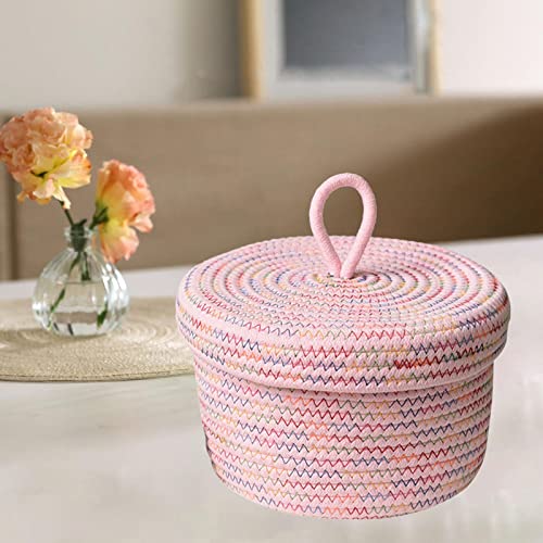 KLKCMS Storage Baskets with Lid, Woven Shelf Baskets for Storage Organizing Clothes Sock Toys Snack Bins for Bedroom Shelf Closet , Pink 18x12cm
