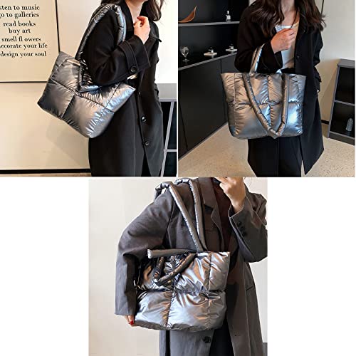 Soft Puffer Tote Bag Puffy Quilted Tote Bag For Women Winter Lightweight Down Cotton Padded Puffer Purse Trendy Luxury Blue