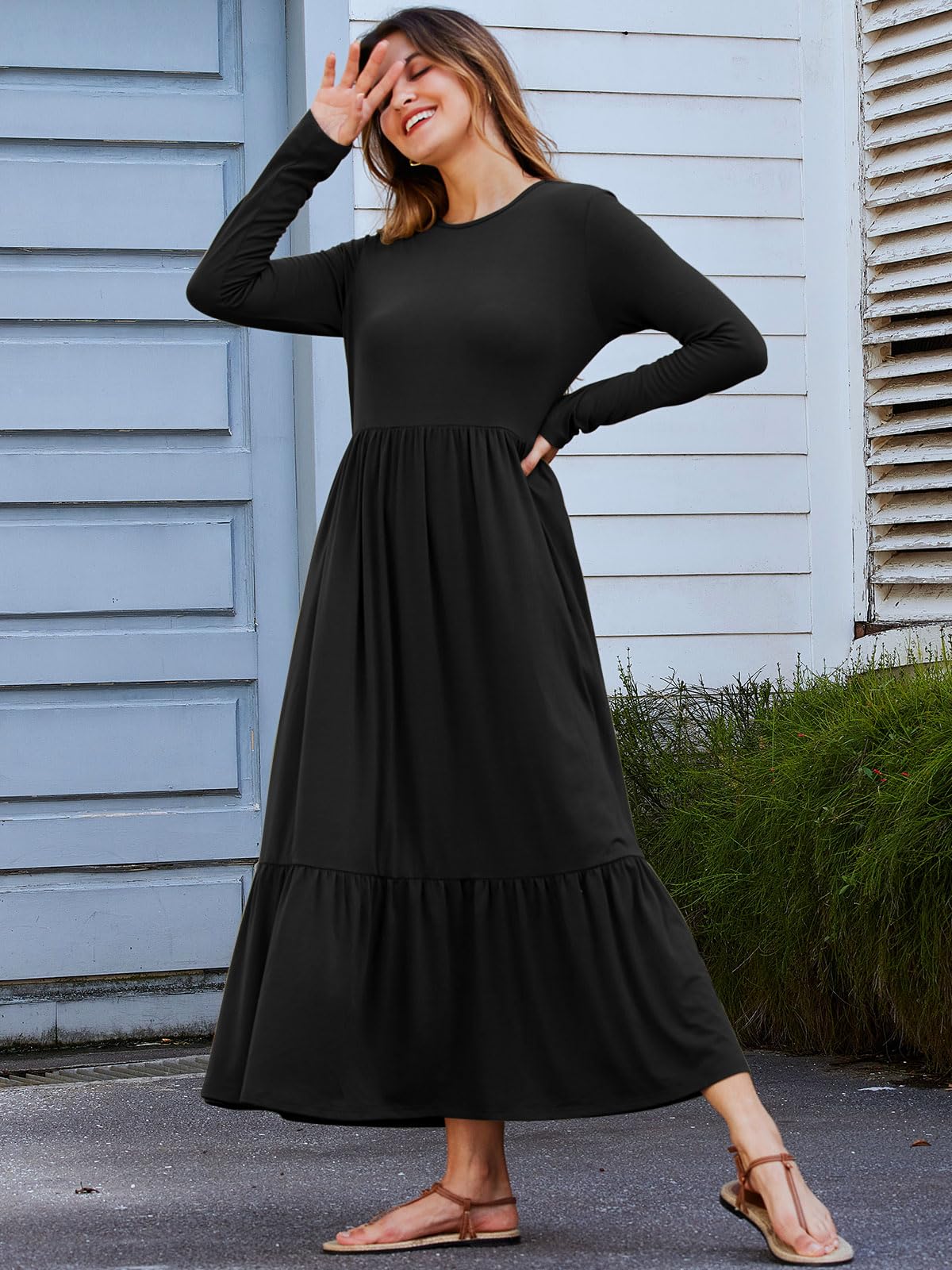 LILLUSORY Womens Long Sleeve Crewneck Ruffle Swing Midi Dress 2023 Fall Casual Loose Tiered Maxi Dresses with Pockets Black