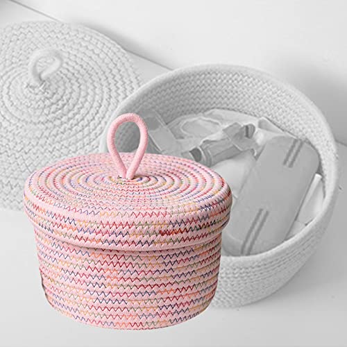 KLKCMS Storage Baskets with Lid, Woven Shelf Baskets for Storage Organizing Clothes Sock Toys Snack Bins for Bedroom Shelf Closet , Pink 18x12cm