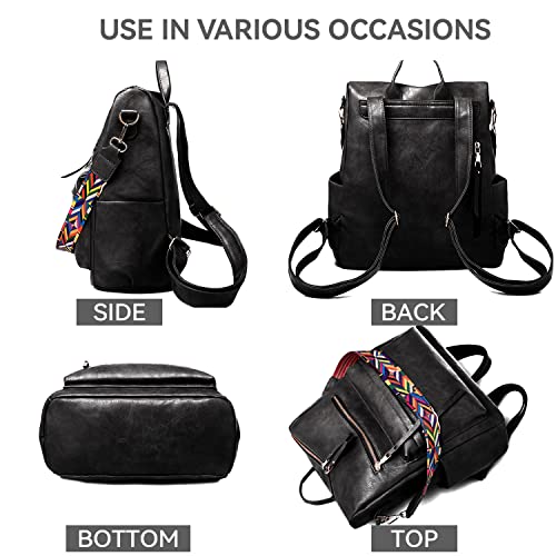 Leather Backpack Purse for Women Large Designer Travel Ladies Satchel Handbag Convertible College Daypack Shoulder Bags (2-black)
