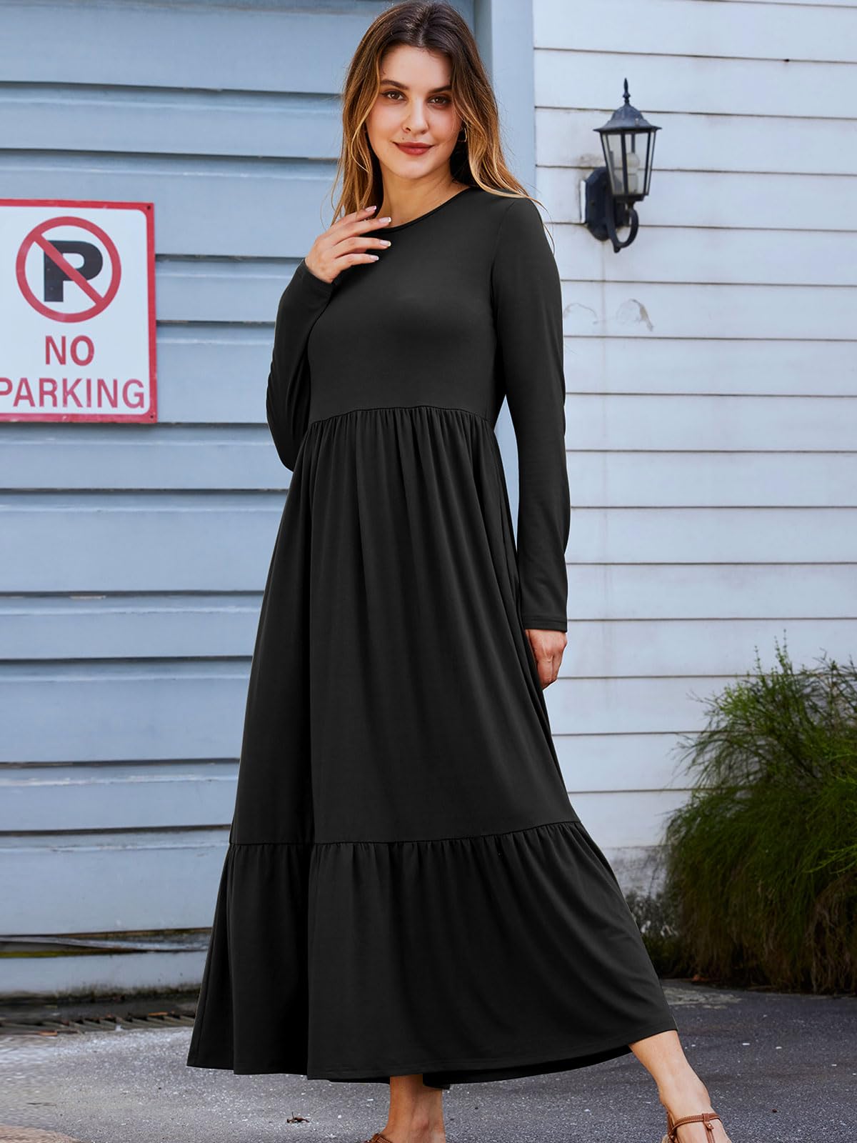 LILLUSORY Womens Long Sleeve Crewneck Ruffle Swing Midi Dress 2023 Fall Casual Loose Tiered Maxi Dresses with Pockets Black