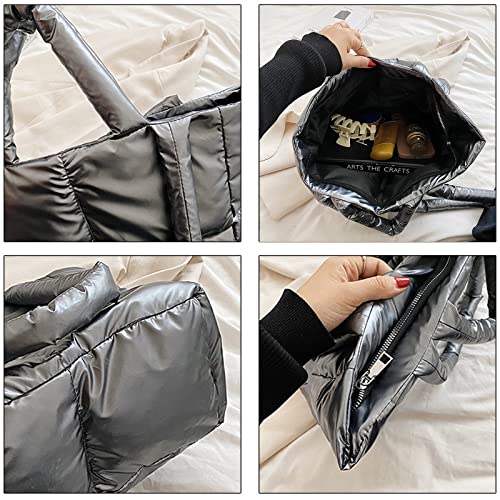 Soft Puffer Tote Bag Puffy Quilted Tote Bag For Women Winter Lightweight Down Cotton Padded Puffer Purse Trendy Luxury Blue