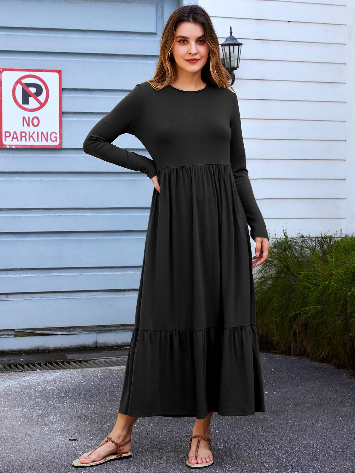 LILLUSORY Womens Long Sleeve Crewneck Ruffle Swing Midi Dress 2023 Fall Casual Loose Tiered Maxi Dresses with Pockets Black