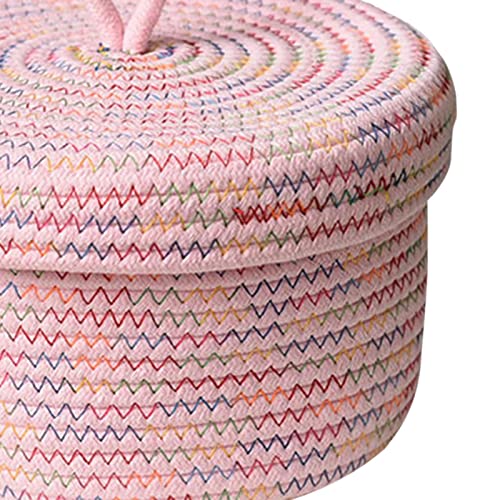 KLKCMS Storage Baskets with Lid, Woven Shelf Baskets for Storage Organizing Clothes Sock Toys Snack Bins for Bedroom Shelf Closet , Pink 18x12cm
