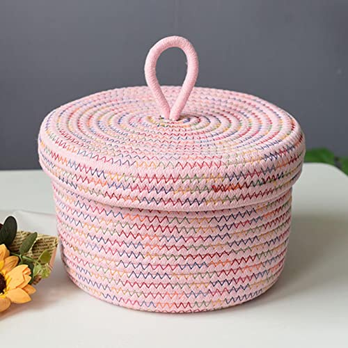 KLKCMS Storage Baskets with Lid, Woven Shelf Baskets for Storage Organizing Clothes Sock Toys Snack Bins for Bedroom Shelf Closet , Pink 18x12cm