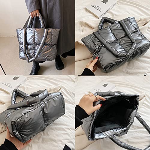 Soft Puffer Tote Bag Puffy Quilted Tote Bag For Women Winter Lightweight Down Cotton Padded Puffer Purse Trendy Luxury Blue