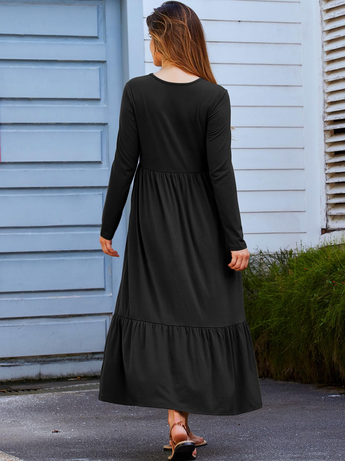 LILLUSORY Womens Long Sleeve Crewneck Ruffle Swing Midi Dress 2023 Fall Casual Loose Tiered Maxi Dresses with Pockets Black