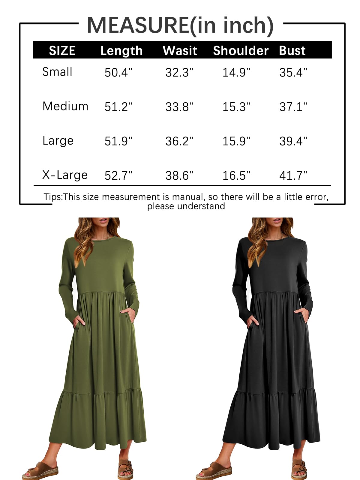 LILLUSORY Womens Long Sleeve Crewneck Ruffle Swing Midi Dress 2023 Fall Casual Loose Tiered Maxi Dresses with Pockets Black