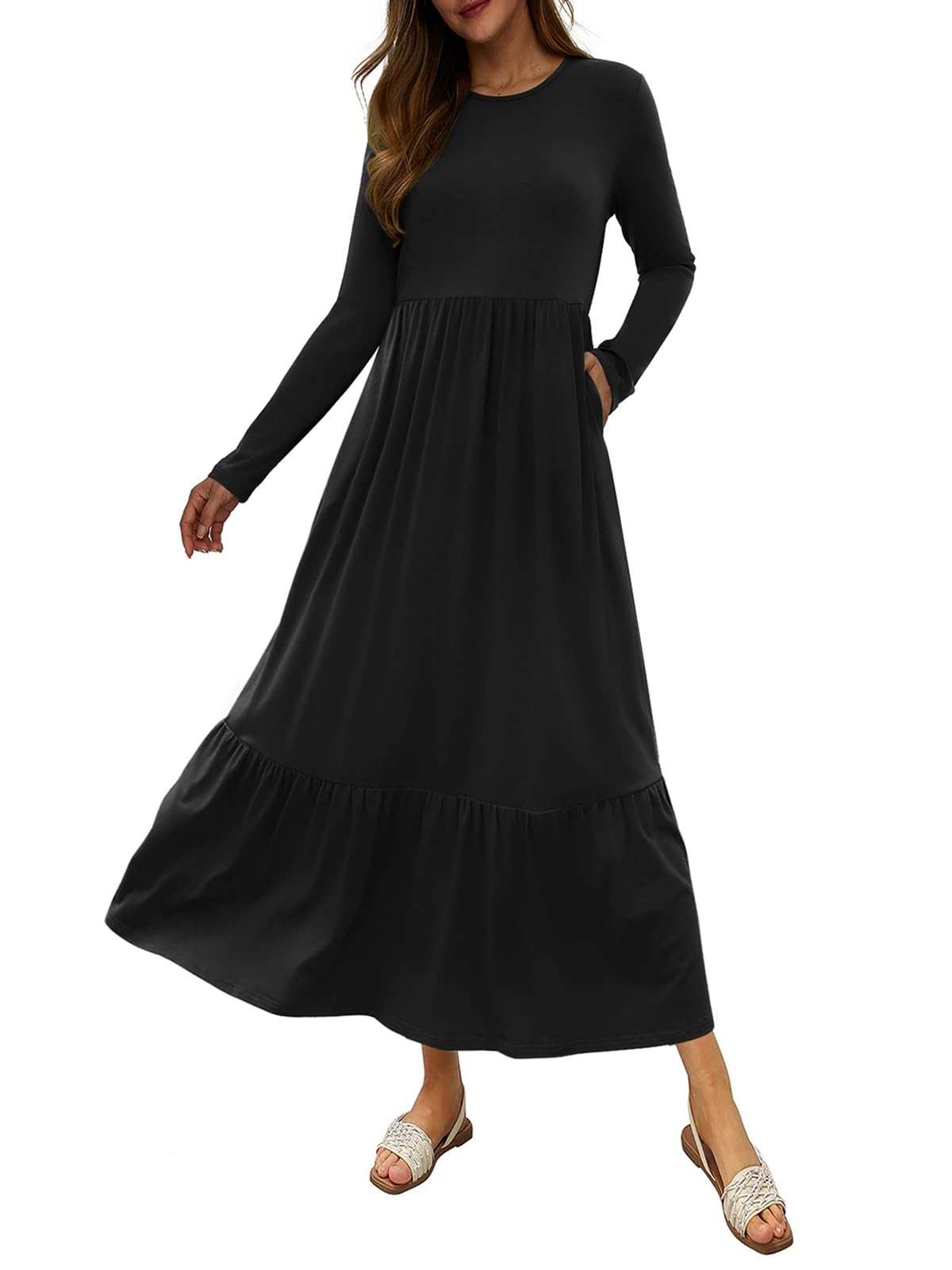 LILLUSORY Womens Long Sleeve Crewneck Ruffle Swing Midi Dress 2023 Fall Casual Loose Tiered Maxi Dresses with Pockets Black