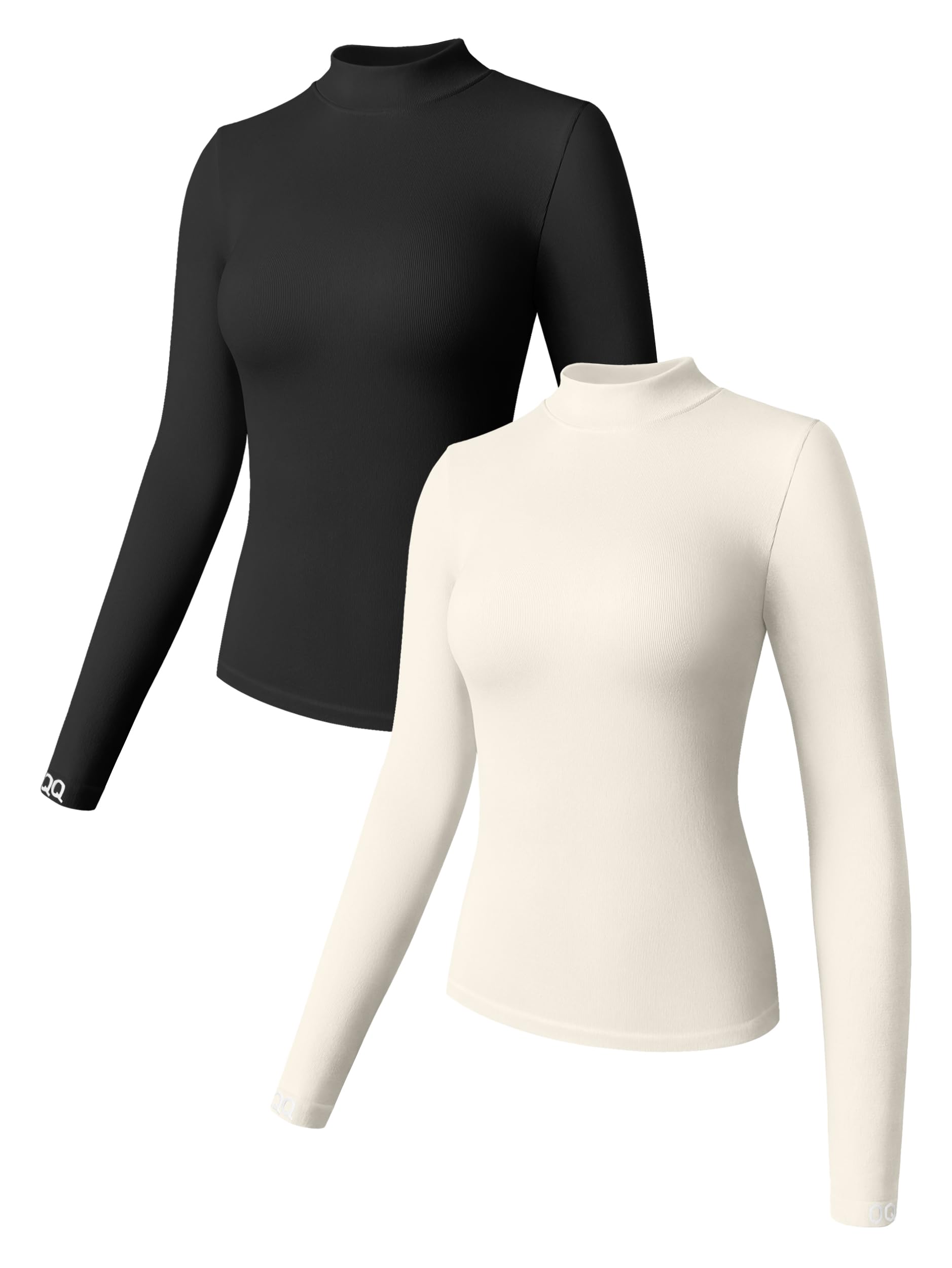 OQQ Women's 2 Piece Long Sleeve High Neck Shirt Stretch Fitted Underscrubs Layer, Black,beige, Large