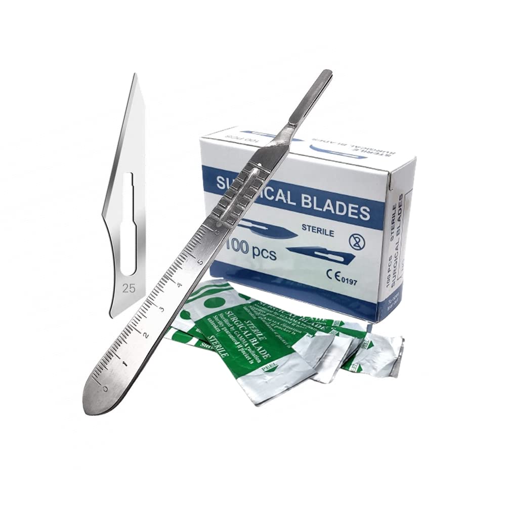 100 Pcs Box Surgical Sterile Blades #25 Made of High Carbon Steel With Stainless Steel Scalpel Handle Knife #4 Graduated Use for Biology Lab Anatomy, Cutting, Med Student, Sculpting, Repairing