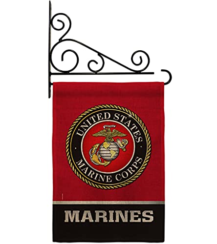 US MILITARY United State Burlap Garden Flag Set Wall Holder Armed Forces Marine Corps USMC Semper Fi American Military Veteran Retire Official House Banner Small Yard Gift Double-Sided, Made in USA