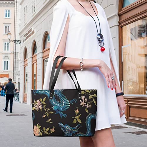 Womens Handbag Dragons And Roses Leather Tote Bag Top Handle Satchel Bags For Lady