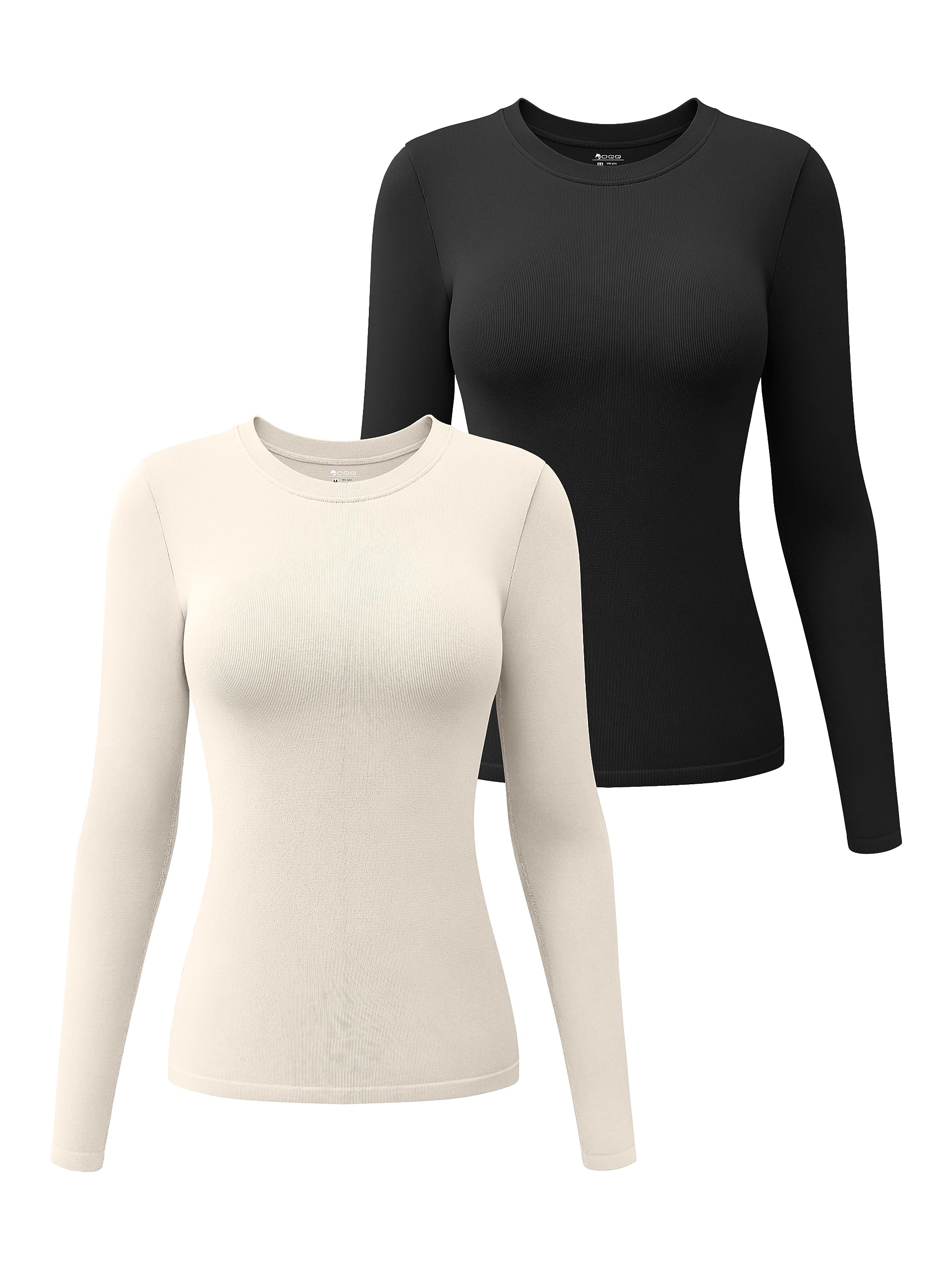 OQQ Women's 2 Piece Long Sleeve Shirt Crew Neck Stretch Fitted Underscrubs Layer, Black,beige, Medium