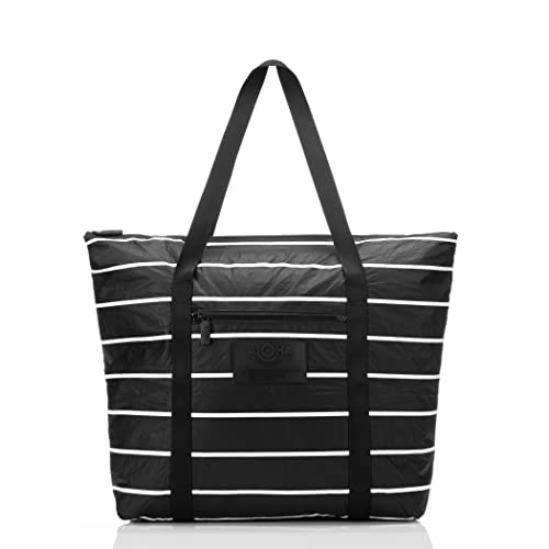 ALOHA Collection Pinstripe Zipper Tote in White on Black