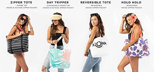 ALOHA Collection Pinstripe Zipper Tote in White on Black