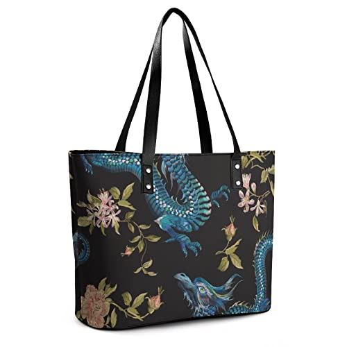 Womens Handbag Dragons And Roses Leather Tote Bag Top Handle Satchel Bags For Lady