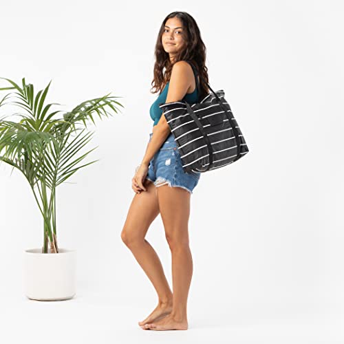 ALOHA Collection Pinstripe Zipper Tote in White on Black