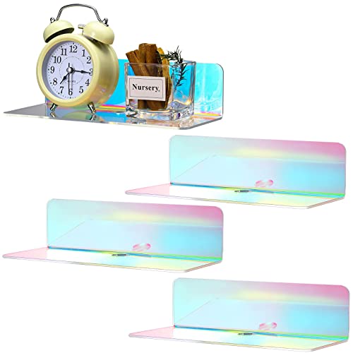 Weysat Floating Wall Shelves 9 Inch Acrylic Small Wall Shelf Hanging Shelves Adhesive Shelf Screwless Display Shelf with Cable Clips and Stickers for Bathroom, Bedroom, Office (Iridescent, 4 Pcs)