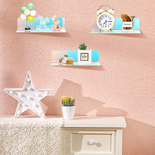 Weysat Floating Wall Shelves 9 Inch Acrylic Small Wall Shelf Hanging Shelves Adhesive Shelf Screwless Display Shelf with Cable Clips and Stickers for Bathroom, Bedroom, Office (Iridescent, 4 Pcs)