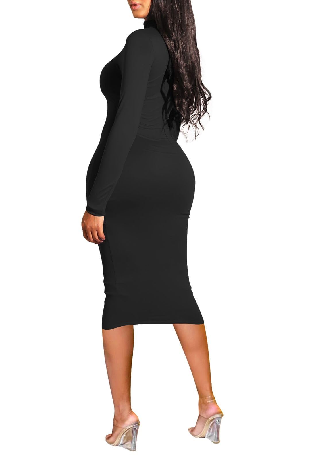 Pink Queen Womens Turtleneck Long Sleeve Knee Length Bodycon Midi Dress L Black
