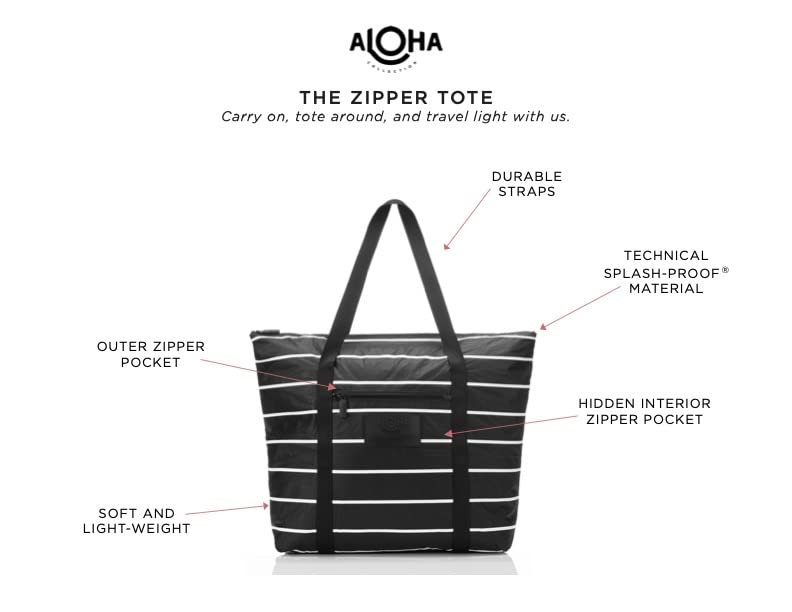 ALOHA Collection Pinstripe Zipper Tote in White on Black