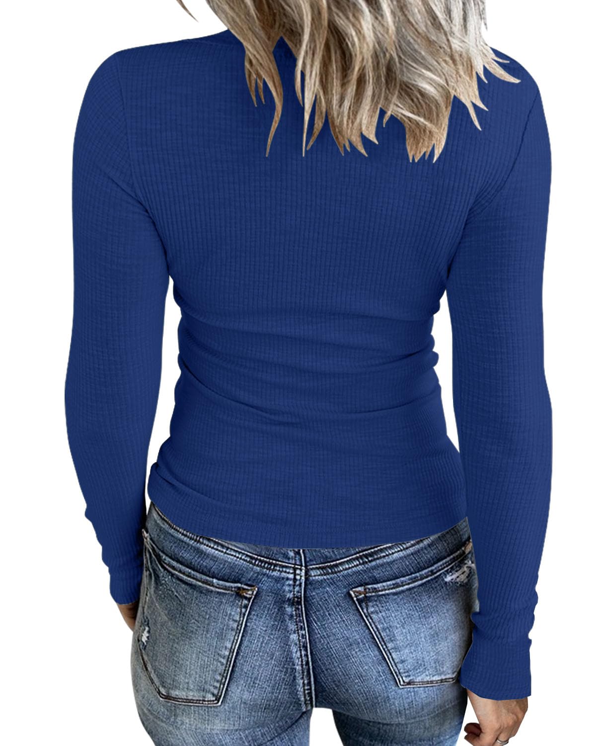 KINLONSAIR Women Casual Long Sleeve Tunic V-Neck Slim Fit T Shirts Basic Tee Tops Crew Neck Ribbed Knit Solid Shirt Navy