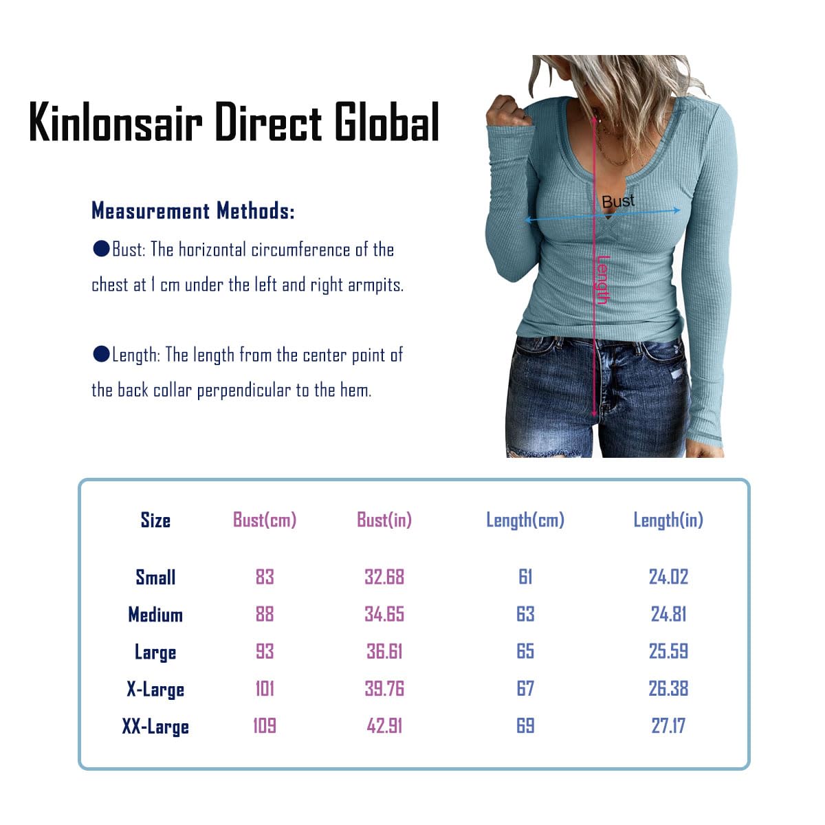 KINLONSAIR Women Casual Long Sleeve Tunic V-Neck Slim Fit T Shirts Basic Tee Tops Crew Neck Ribbed Knit Solid Shirt Navy