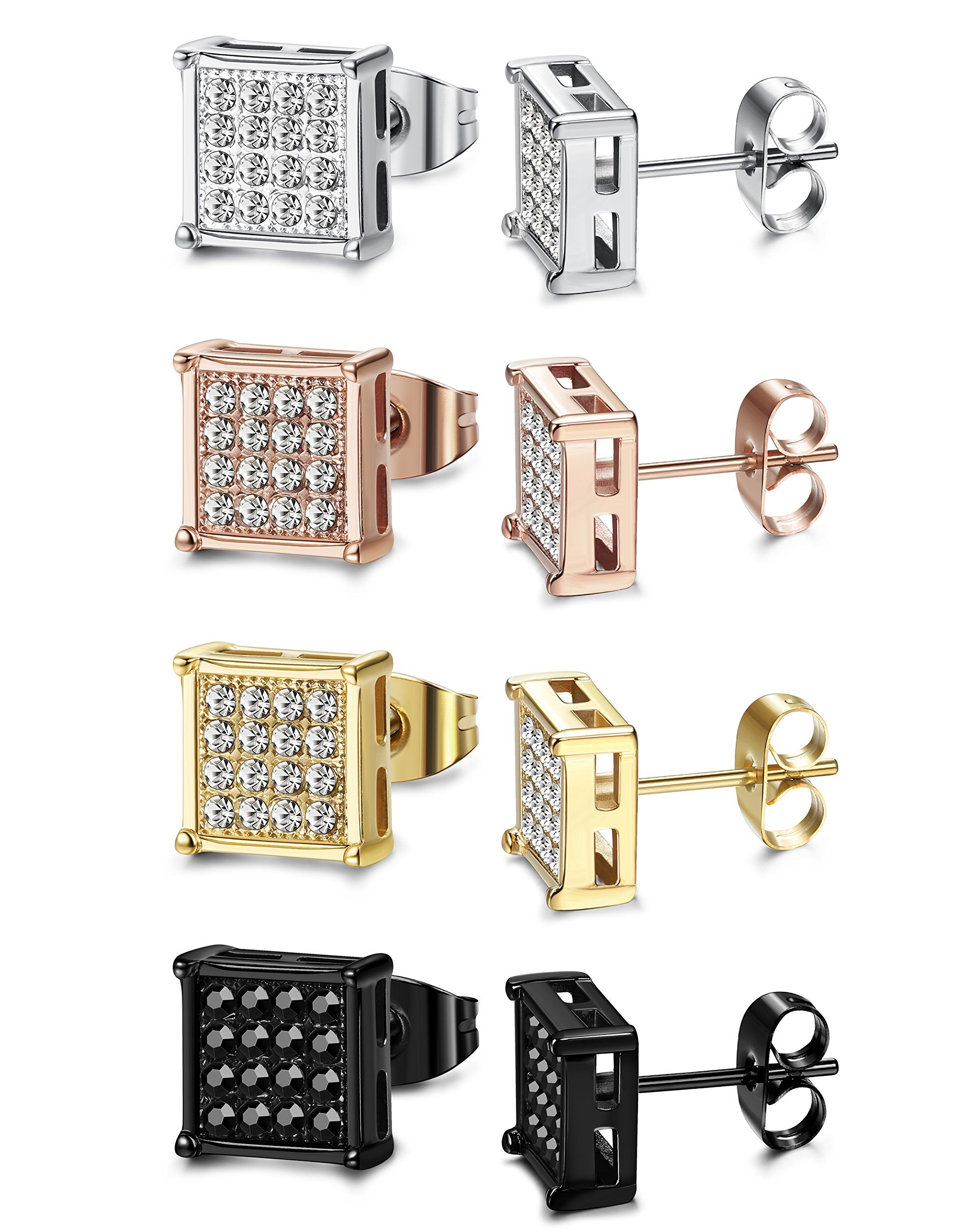 FIBO STEEL 4 Pairs Stainless Steel Stud Earrings for Men Women Square CZ Earrings,8MM