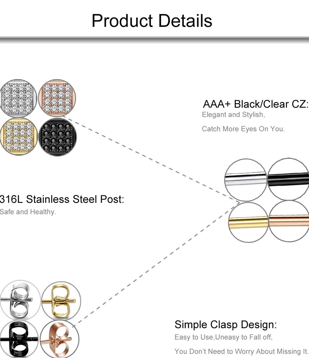FIBO STEEL 4 Pairs Stainless Steel Stud Earrings for Men Women Square CZ Earrings,8MM