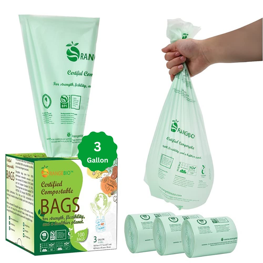 OrangeBio 3 Gallon Compostable Trash Bags, 100 Count, Food Grade, Plant-based, Biodegradable, Leak-proof, Tear-resistant, Dishwasher Safe