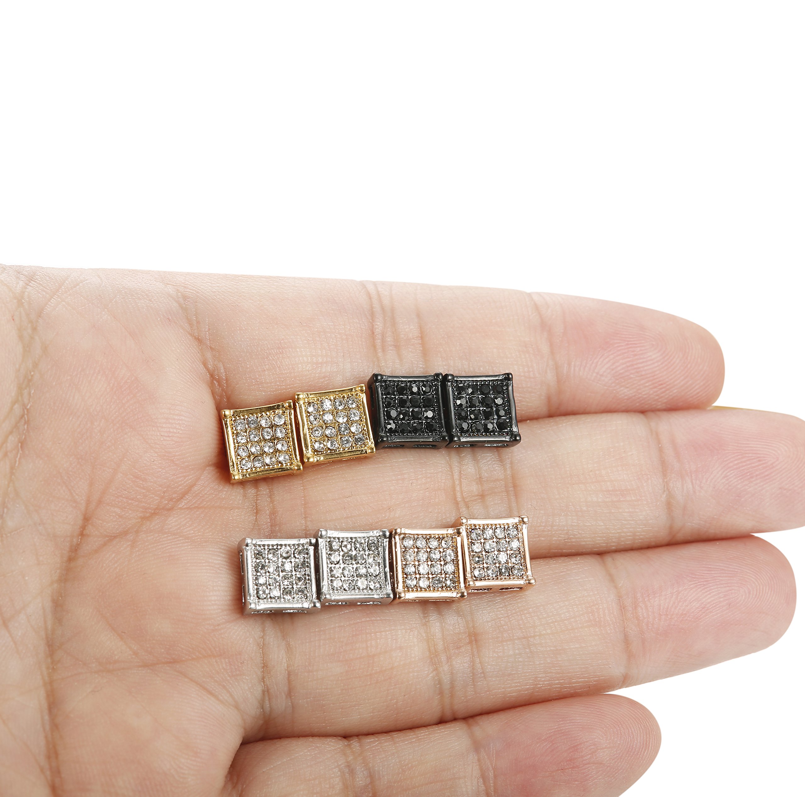 FIBO STEEL 4 Pairs Stainless Steel Stud Earrings for Men Women Square CZ Earrings,8MM