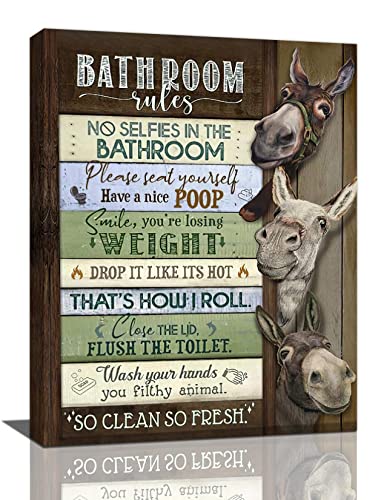 Funny Bathroom Decor Wall Art Donkey Bathroom Rules Wall Decor Rustic Farmhouse Bathroom Signs Canvas Painting Print Bathroom Pictures Decor Artwork Framed Bath Laundry Toilet Home Decoration 12"x16"