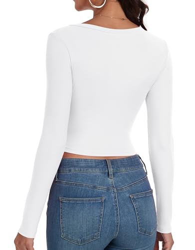 Artfish Women's Long Sleeve V Neck Crop Top Ribbed Knit Slim Fitted Basic T-Shirts (White, M)