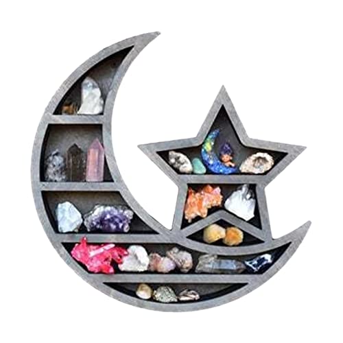 Wooden Crystal Display Shelf, Star On The Moon Shape Crystal Holder for Crystals Stones, Essential Oils Small Plant and Art, Hanging Floating Shelves Gothic Witchy Decor Wall Décor for Home, Office