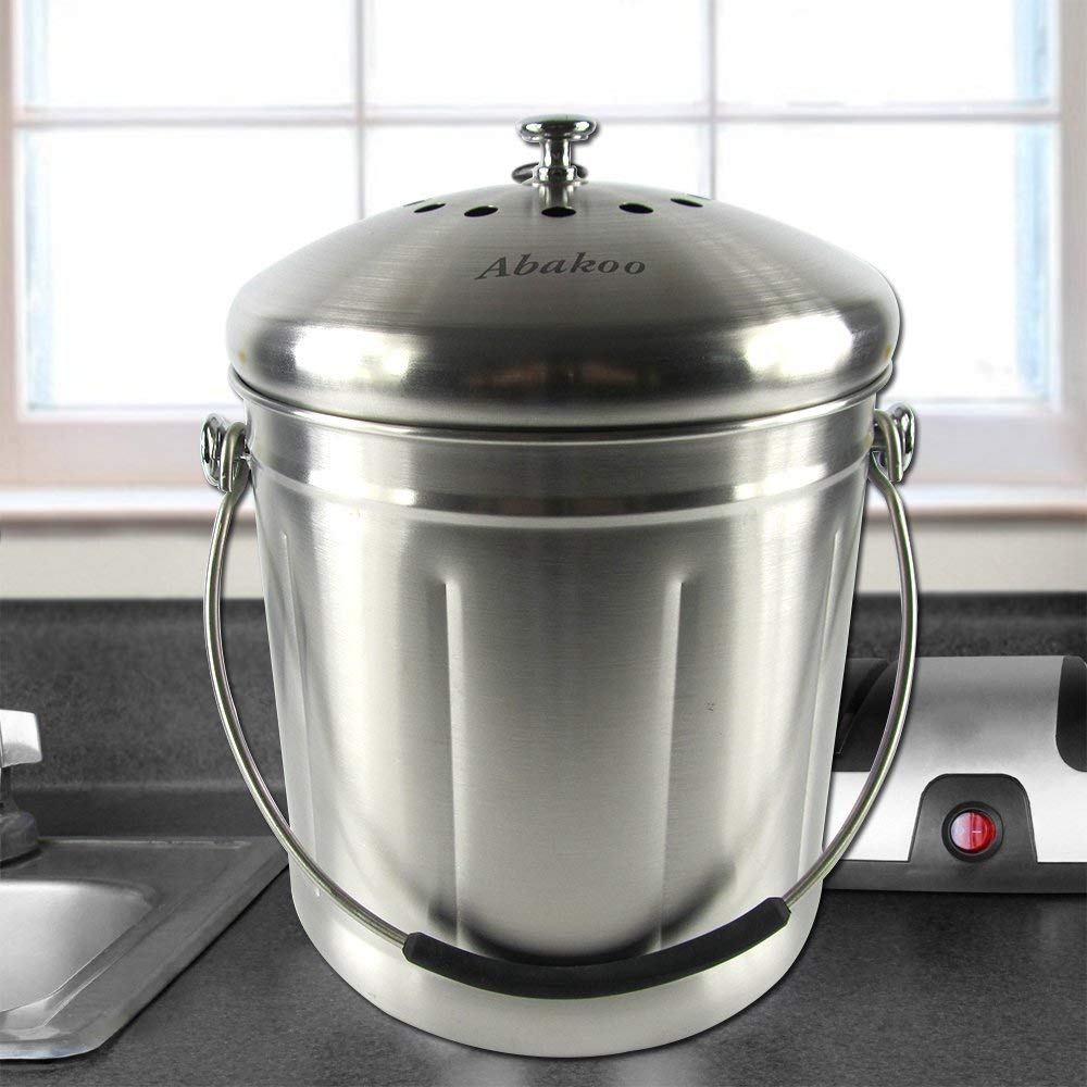Abakoo 1.8 Gallon Compost Bin 304 Stainless Steel Kitchen Composter Waste Pail Indoor Countertop Kitchen Recycling Bin Pail - Includes 2 Filters