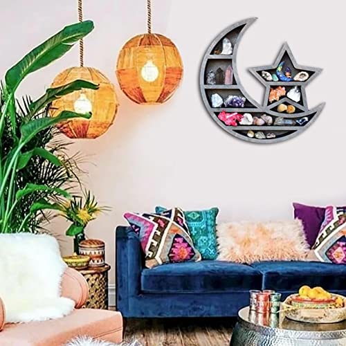 Wooden Crystal Display Shelf, Star On The Moon Shape Crystal Holder for Crystals Stones, Essential Oils Small Plant and Art, Hanging Floating Shelves Gothic Witchy Decor Wall Décor for Home, Office