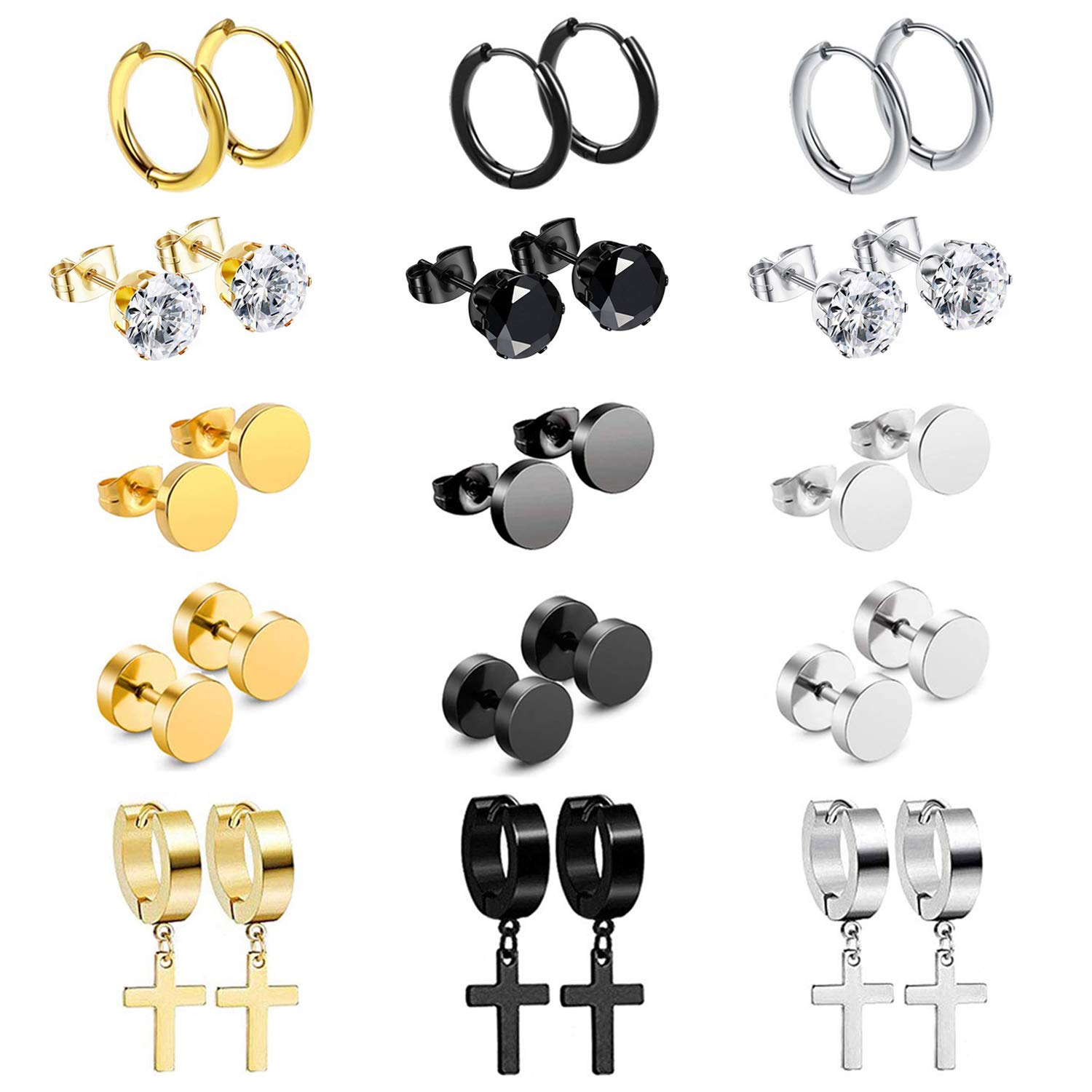 OIDEA 15 Pairs Earrings for Men: Stainless Steel Earrings Stud Kit for Men Women Fashion Piercing Jewelry Cross Dangle Hoop Earrings Set Gifts