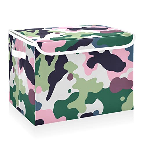 CaTaKu Camouflage Retro Storage Bins with Lids and Handles, Fabric Large Storage Container Cube Basket with Lid Decorative Storage Boxes for Organizing Clothes