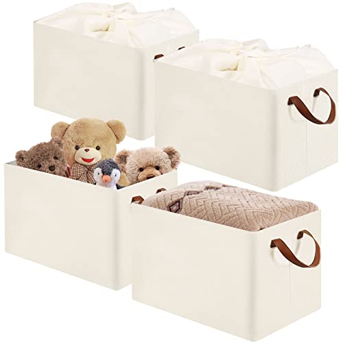 Yawinhe Foldable Storage Basket with Drawstring Cover and 2 Leather Handles, Collapsible Storage Bins, Baskets for Organizing Shelf Nursery Home Closet (Beige, 14.56x10.23x7.87in/4-Pack)