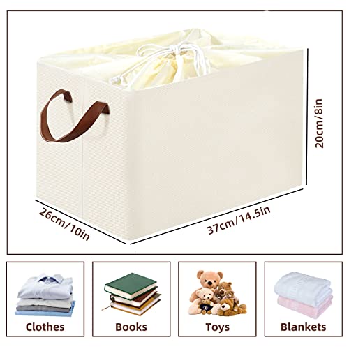 Yawinhe Foldable Storage Basket with Drawstring Cover and 2 Leather Handles, Collapsible Storage Bins, Baskets for Organizing Shelf Nursery Home Closet (Beige, 14.56x10.23x7.87in/4-Pack)