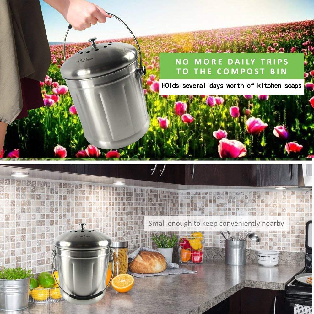 Abakoo 1.8 Gallon Compost Bin 304 Stainless Steel Kitchen Composter Waste Pail Indoor Countertop Kitchen Recycling Bin Pail - Includes 2 Filters
