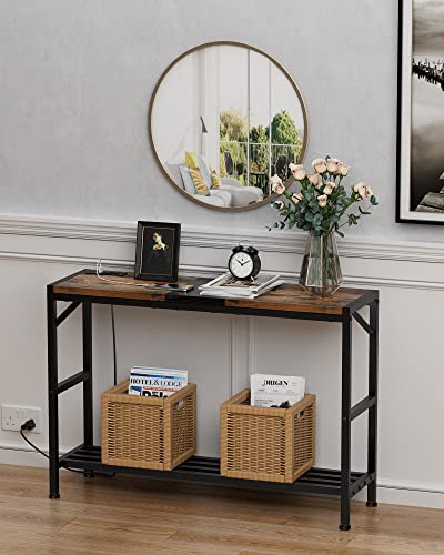 Egepon Console Table Sofa Table with Power Outlet, 41.3" Entryway Table with Shelves, Entrance Table for Entryway, Living Room, Foyer, Corridor, Front Hall, Coffee Bar, Kitchen, Rustic Brown and Black