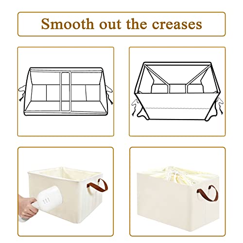 Yawinhe Foldable Storage Basket with Drawstring Cover and 2 Leather Handles, Collapsible Storage Bins, Baskets for Organizing Shelf Nursery Home Closet (Beige, 14.56x10.23x7.87in/4-Pack)